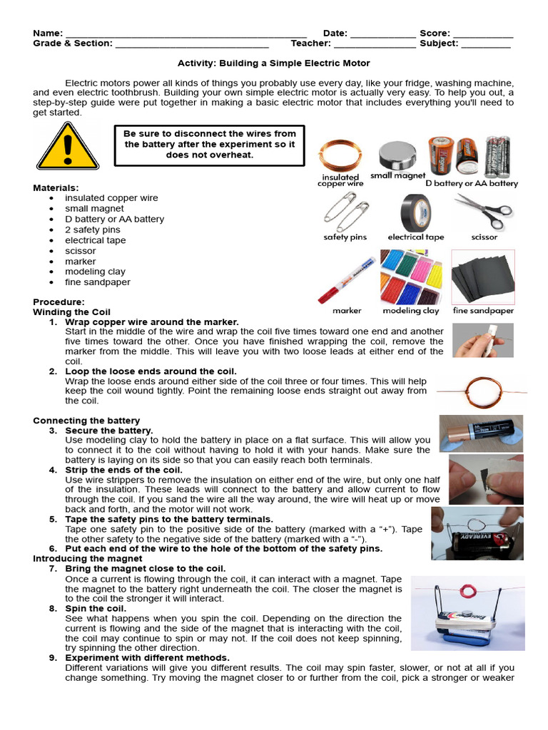 Simple Electric Motor Activity 1 | PDF | Electric Motor | Wire