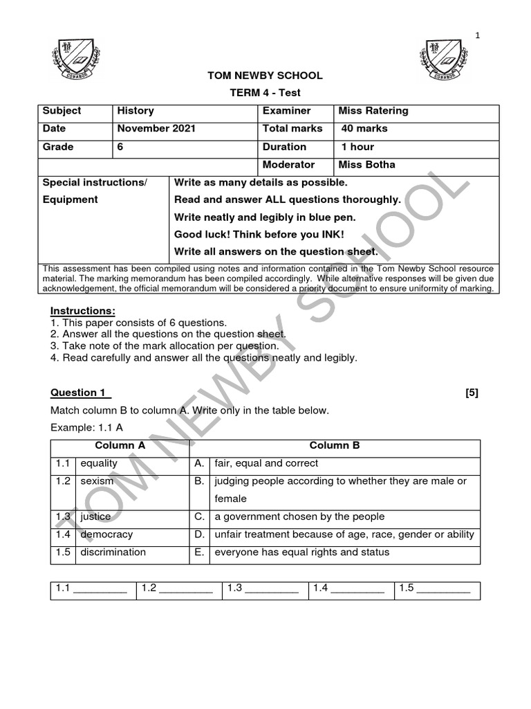 Grade 6 History Test November 2021 | PDF | Multiple Choice