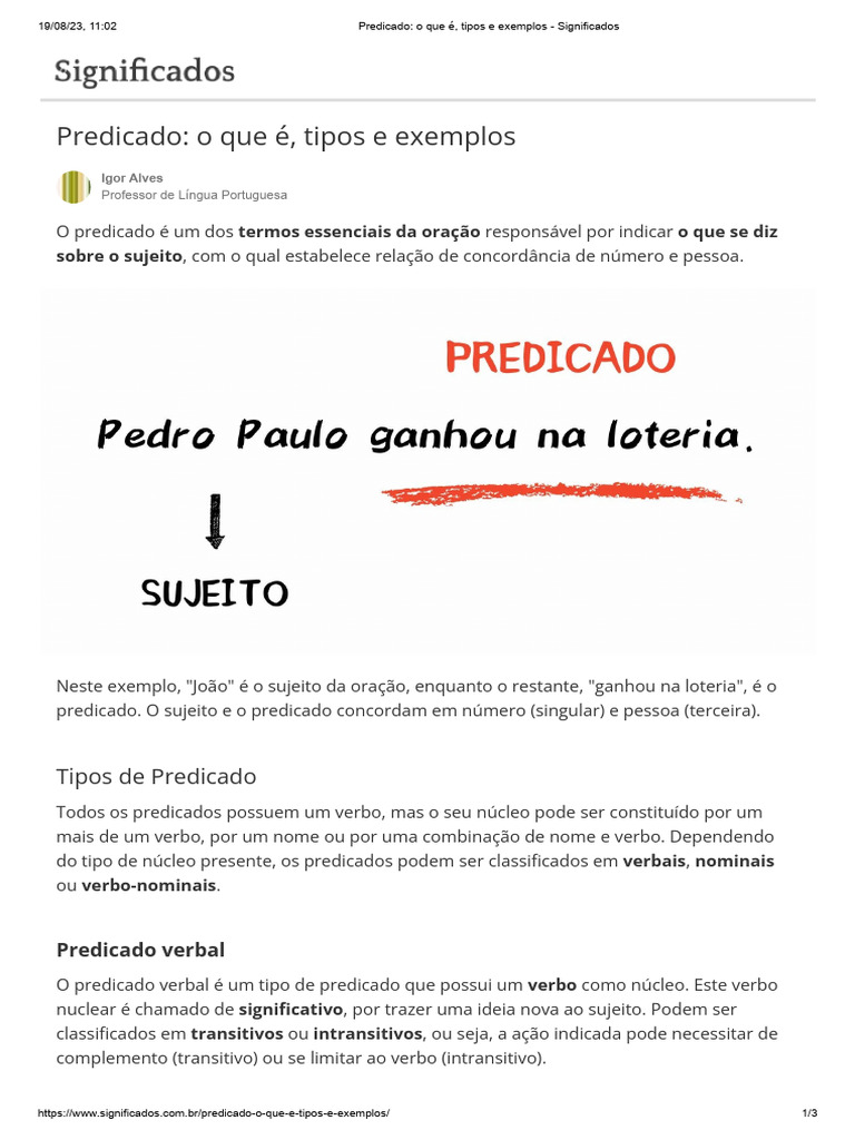 Predicado - o Que É, Tipos e Exemplos - Significados | PDF | Predicado ...