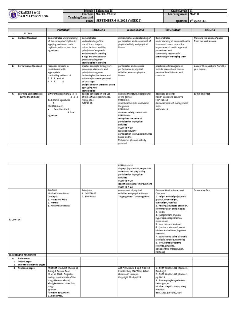 DLL_MAPEH 6_Q1_W1 | PDF | Rhythm | Teachers