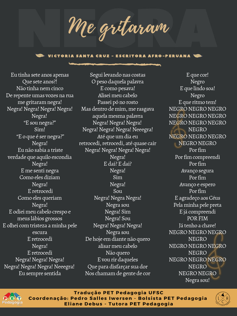 ME GRITARAM NEGRA Victoria Santa Cruz Tradução PET Pedagogia | PDF ...