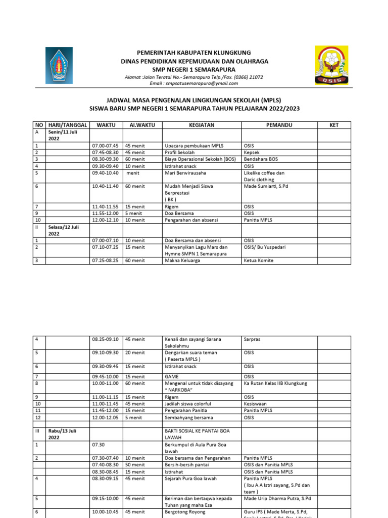Jadwal MPLS Tahun Pelajaran 2022-2023 | PDF