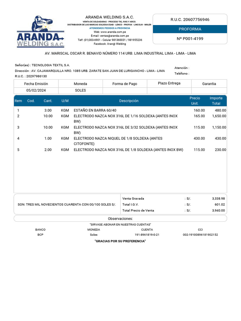 Proforma P001-4199 A | PDF
