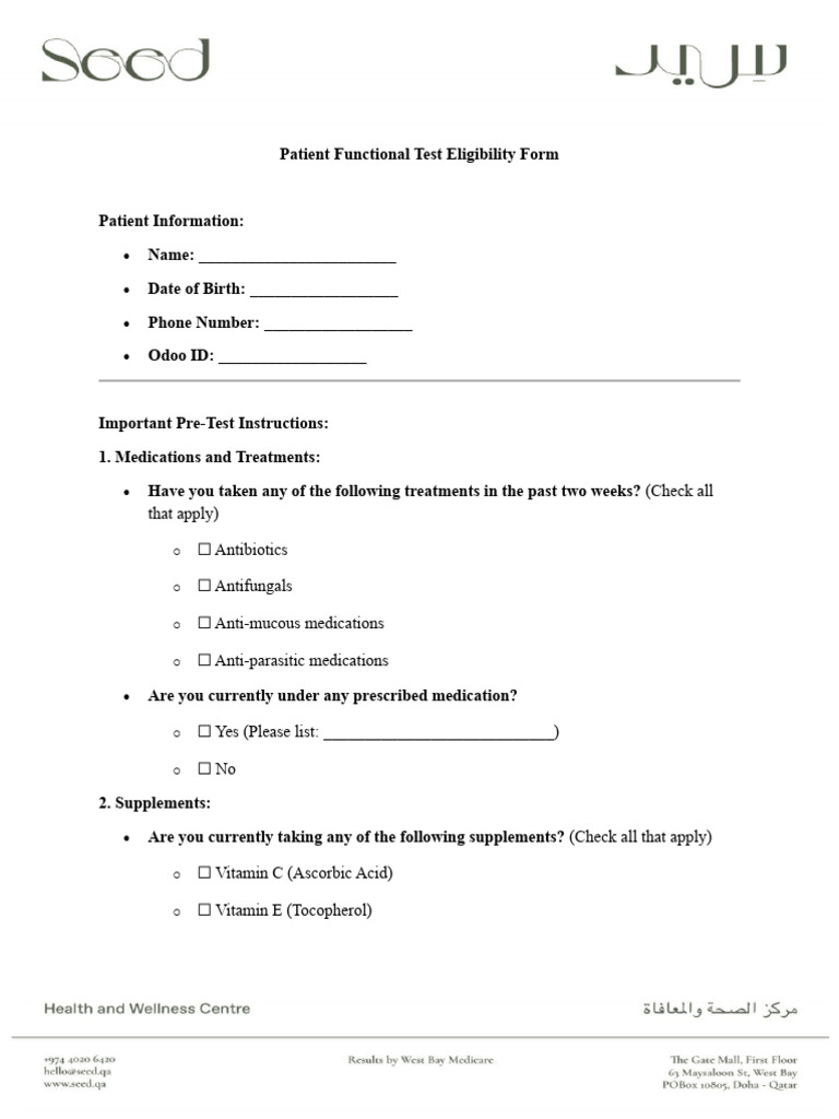 Patient Functional Test Eligibility Form | PDF | Antioxidant | Dietary ...