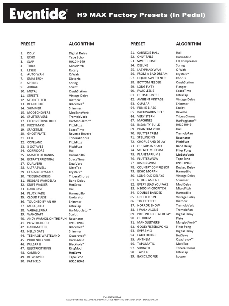 Eventide H9 Max Factory Presets List | PDF | Sound Technology | Sound Production