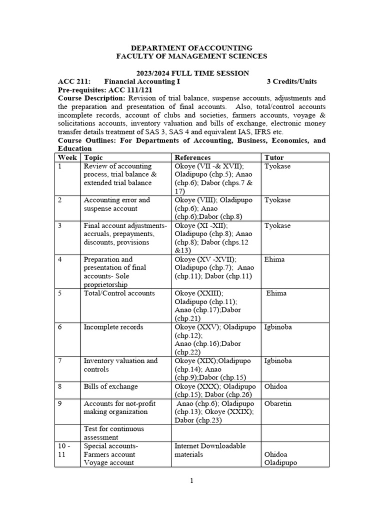 ACC211 Course Outlines For Accounting Dept FT 2023-2024 | PDF ...