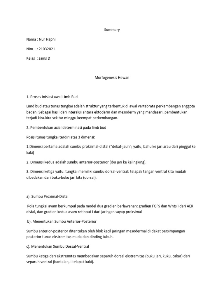 Nur Hapni - Summary Morfogenesis Hewan | PDF | Sains & Matematika