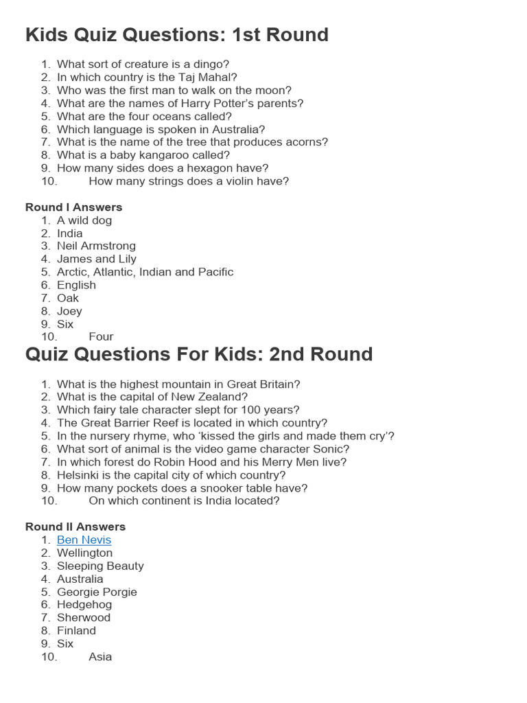 Kids Quiz Questions | PDF