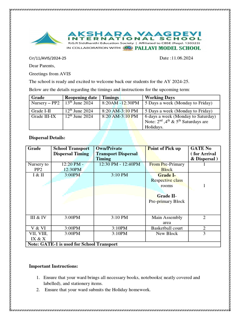 School Reopening Notice For 12th June 2024 | PDF