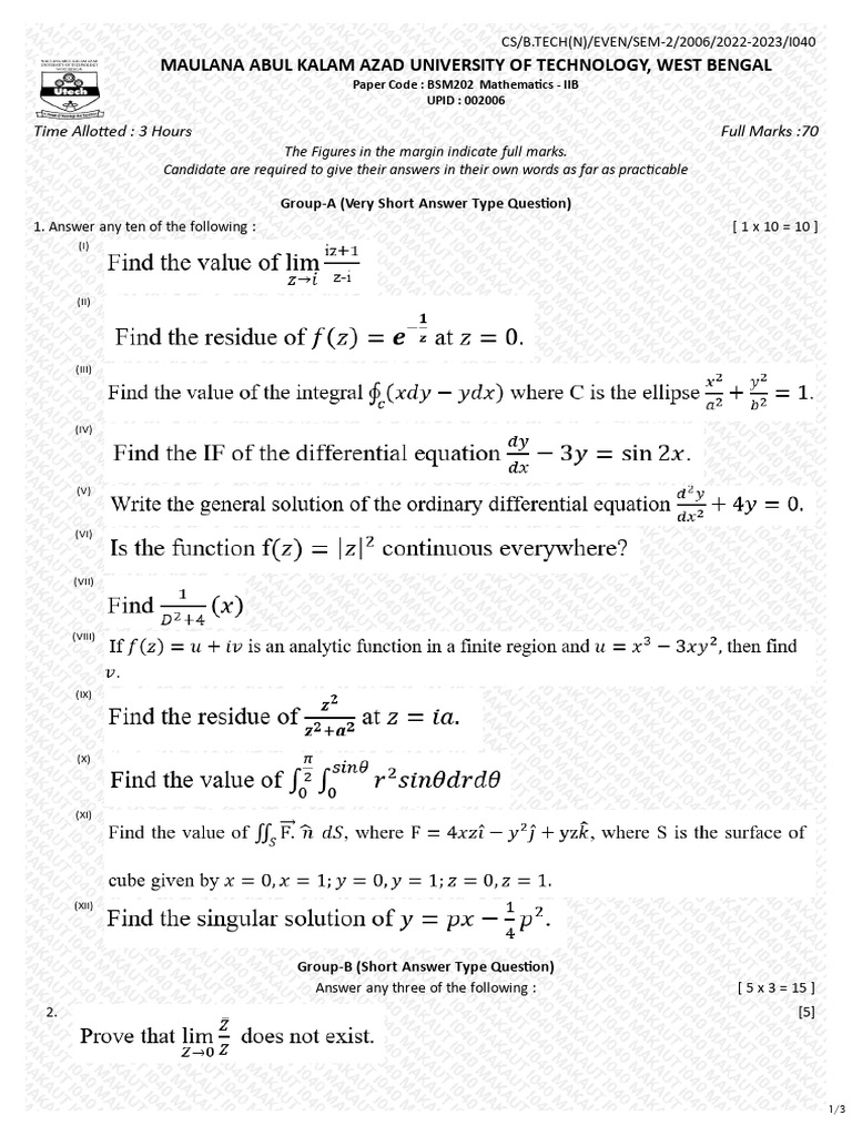 Mathematics - IIB - (BSM202) - 2006 - I040 | PDF