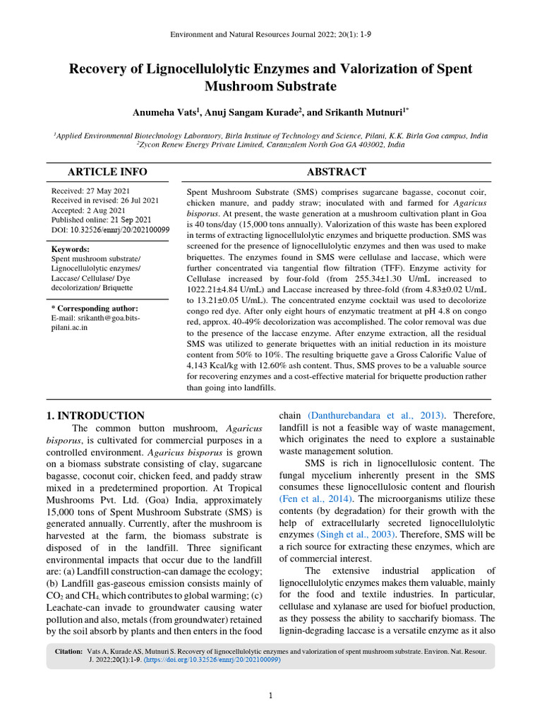 Enzyme Recovery from Spent Mushroom Substrate | PDF | Enzyme