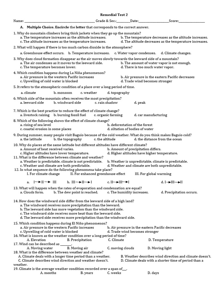 Remedial TEST in Climate and Weather | PDF | Weather | Climate