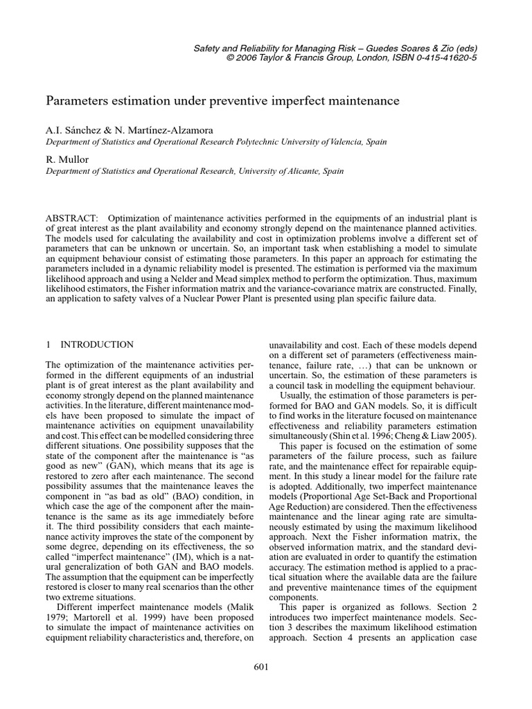 Parameters Estimation Under Preventive Imperfect Maintenance | PDF | Reliability Engineering ...