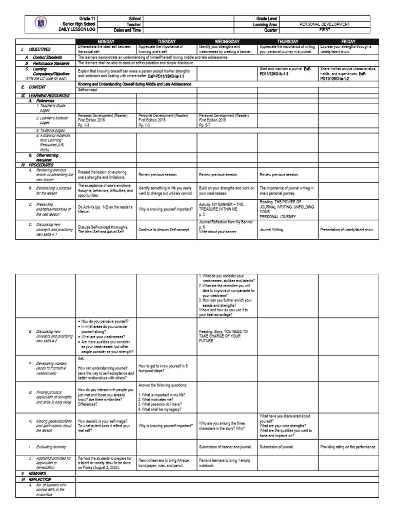 Grade 11 PERSONAL DEVELOPMENT DLL | PDF | Learning | Self Concept