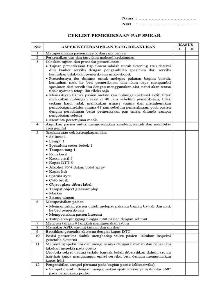 Ceklist Pemeriksaan Pap Smear 2020 | PDF