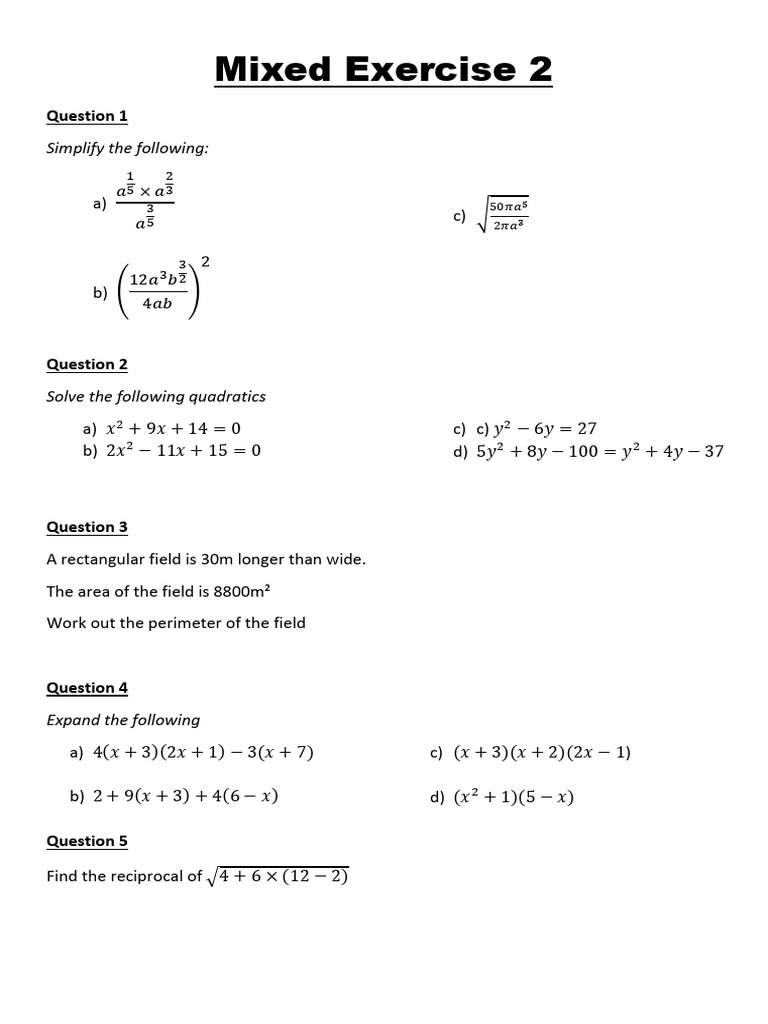 Algebra Simplification and Quadratics Exercise | PDF