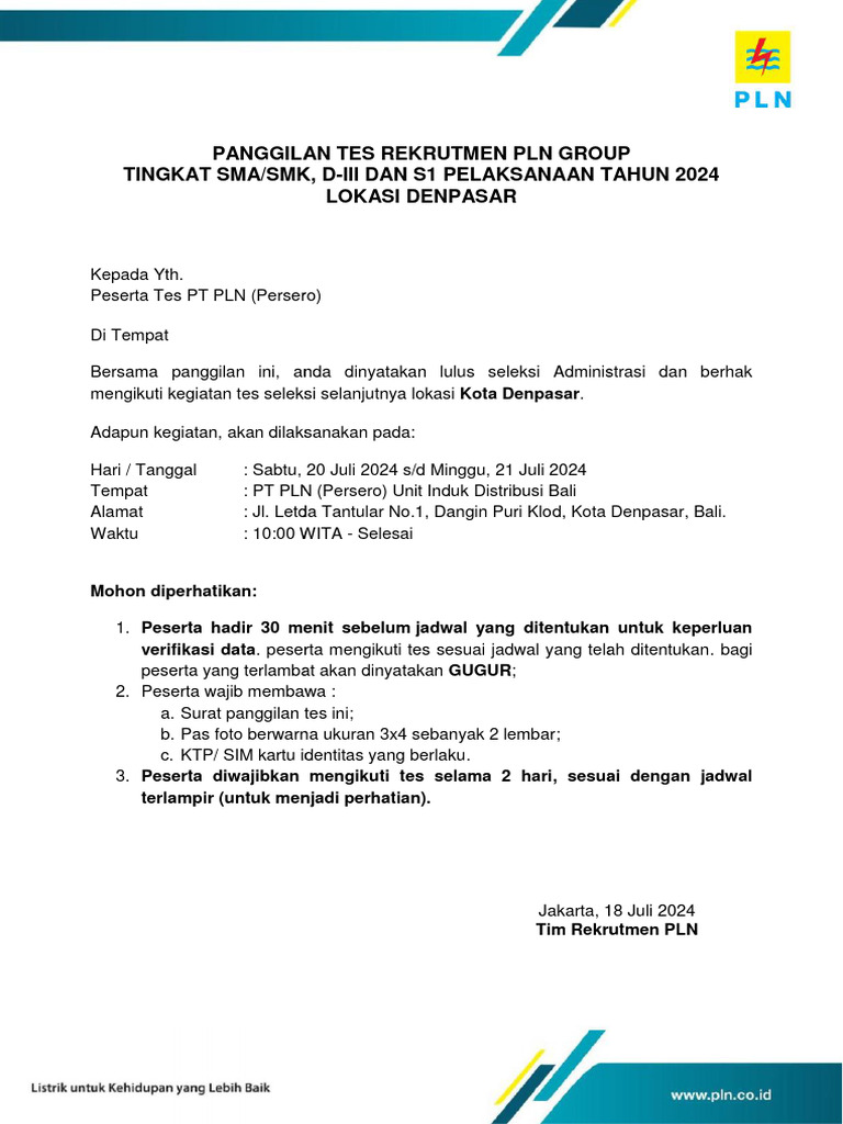 Panggilan Tes Rekrutmen PLN Group | PDF