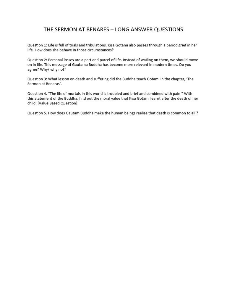 The Sermon at Benares - Long Answer Questions | PDF | Grief