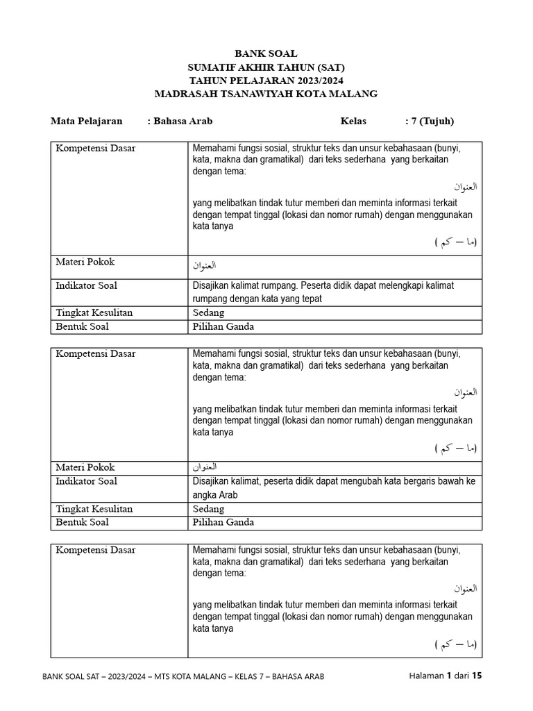 Kisi Kisi Sat Bahasa Arab Kelas 7 | PDF
