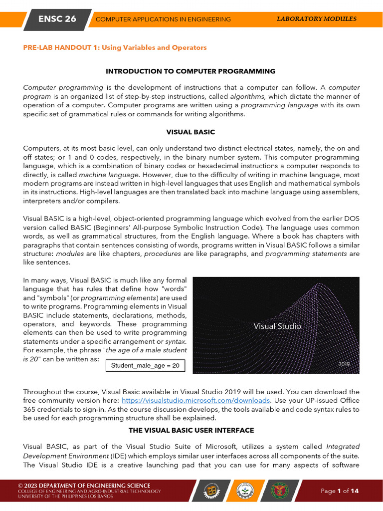 ENSC 26 PreLab Handout 1 - AY2324 - 2s | PDF | Integrated Development Environment | Computer ...