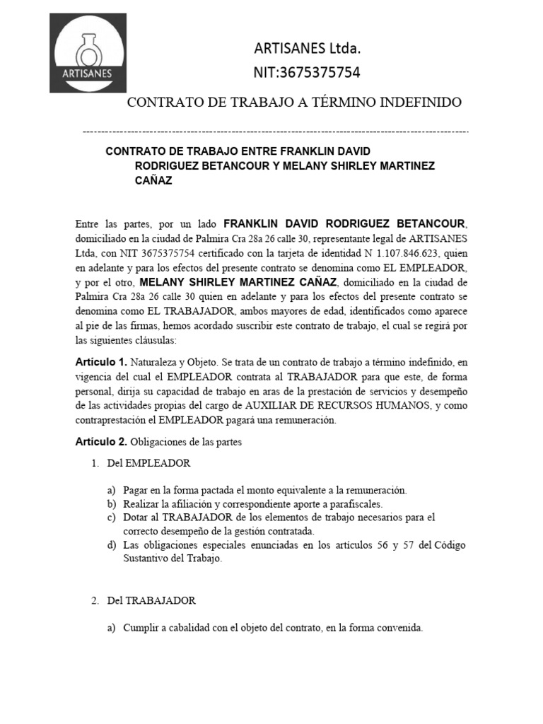 Contrato de Trabajo A Término Indefinido - Melany Shirley Martinez ...