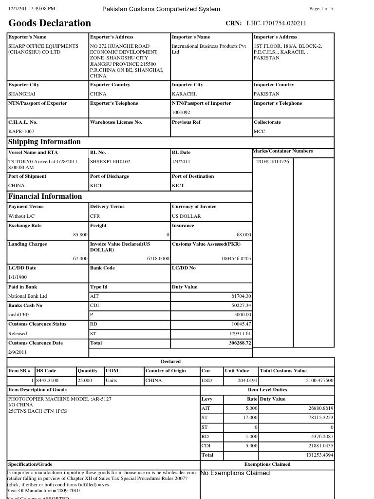 Goods Declaration: Shipping Information | PDF | Customs | Sales Tax