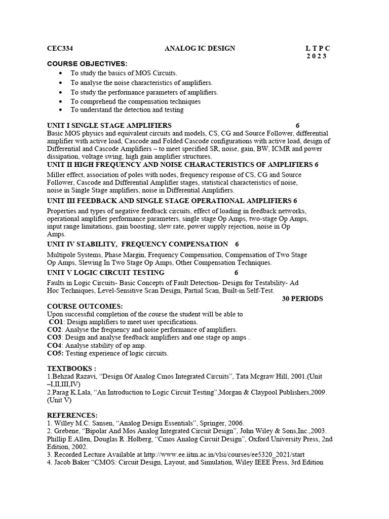 Cec334 Analog Ic Design Syllabus | PDF | Amplifier | Operational Amplifier