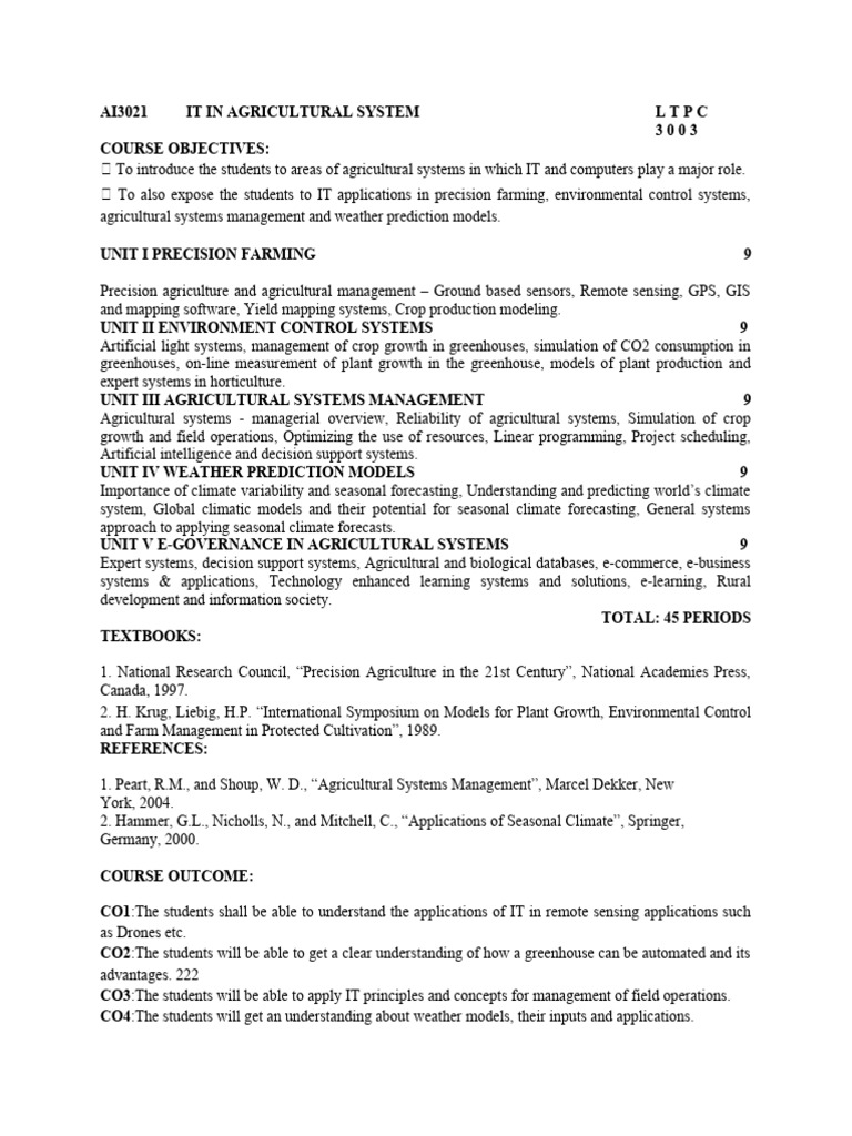 Ai3021 Syll It in Agricultural System | PDF | Agriculture | Computing