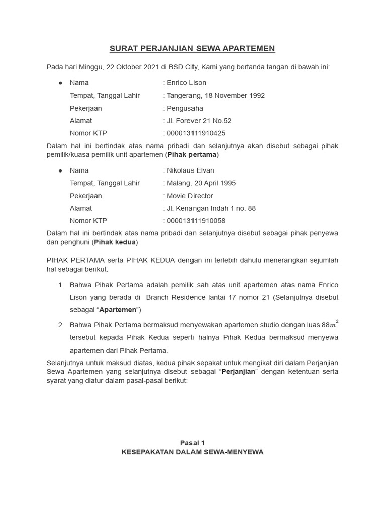 Surat Perjanjian Sewa Apartemen Pdf