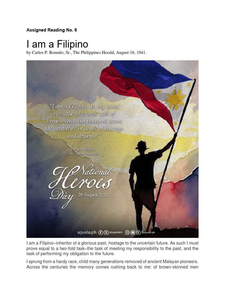 Lesson 6.3 Assigned Reading I Am A Filipino by Carlos P. Romulo Sr. | PDF