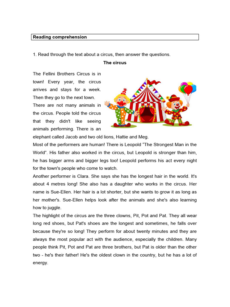 Circus Themed Reading Comprehension Test | PDF | Circus