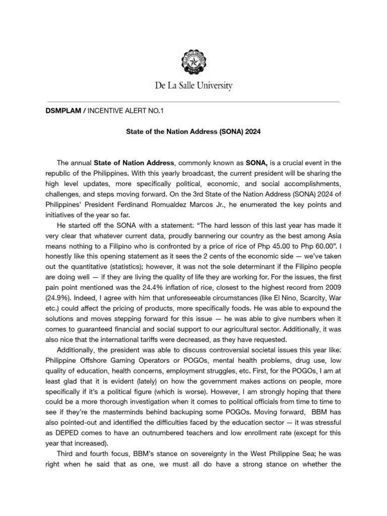 (INCENTIVE ALERT #1) State of The Nation Address (SONA) 2024 | PDF ...