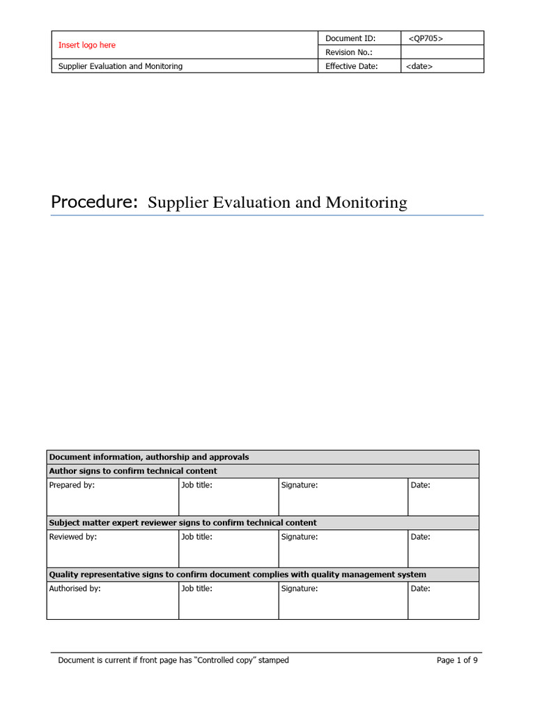 Qms tmp1050 32 Supplier Evaluation and Monitoring Procedure Template ...