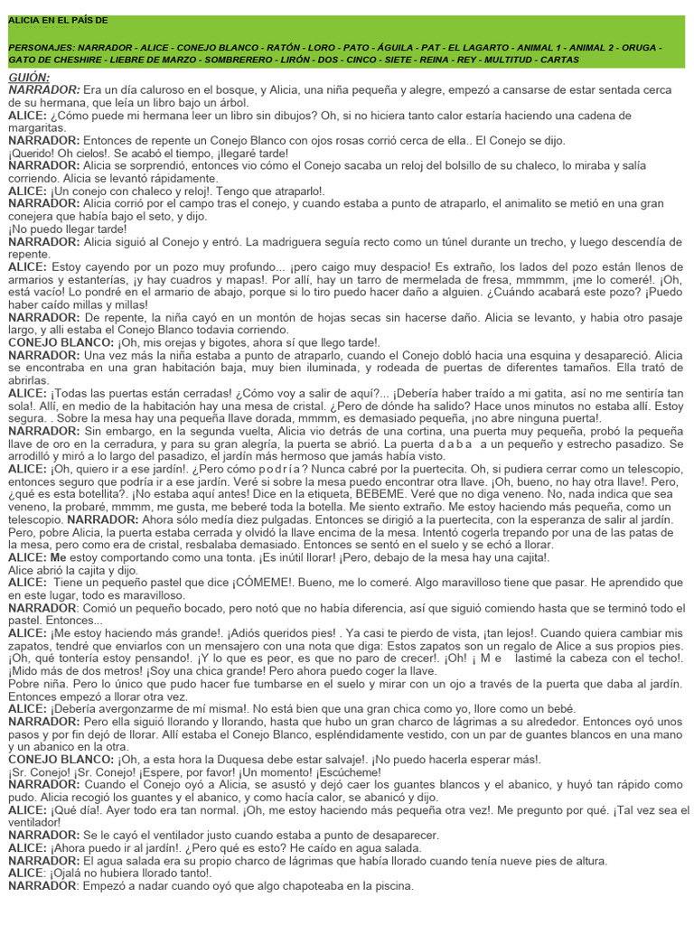 Alice in Wonderland Script Es | PDF | Las aventuras de Alicia en el ...