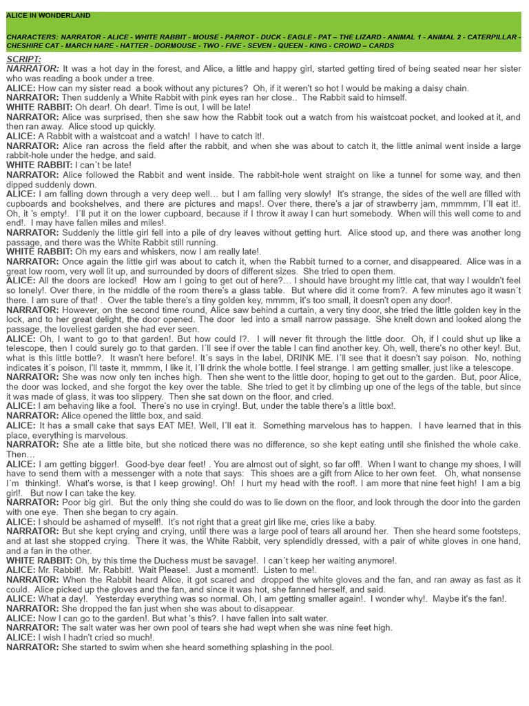 Alice in Wonderland Script | PDF | Alice's Adventures In Wonderland | Lewis Carroll