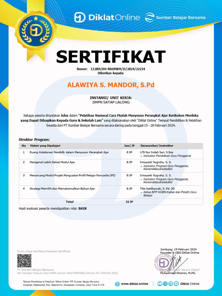 Sertifikat - ALAWIYA SPD - SMPNSATAPLALONG | PDF