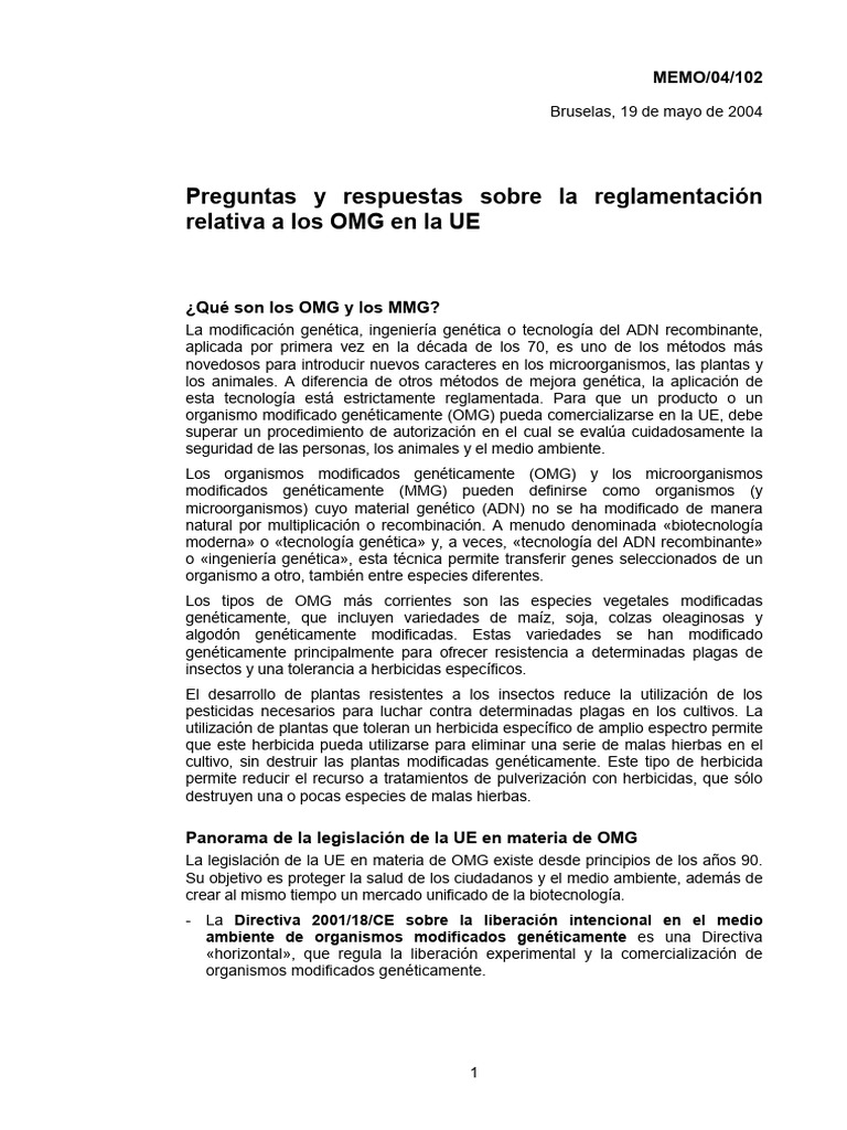 Preguntas y Respuestas Sobre La Reglamentaci N Relativa A Los OMG en La UE B BR B | PDF ...