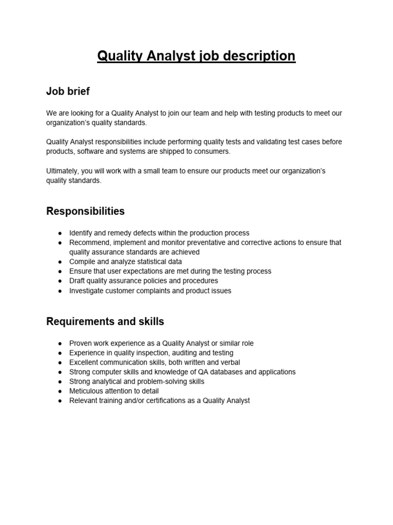 Quality Analyst Job Description | PDF