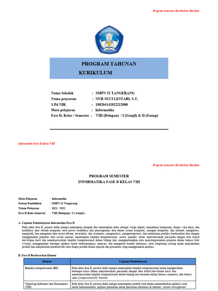 Prota Informatika Kelas Viii | PDF | Komputer