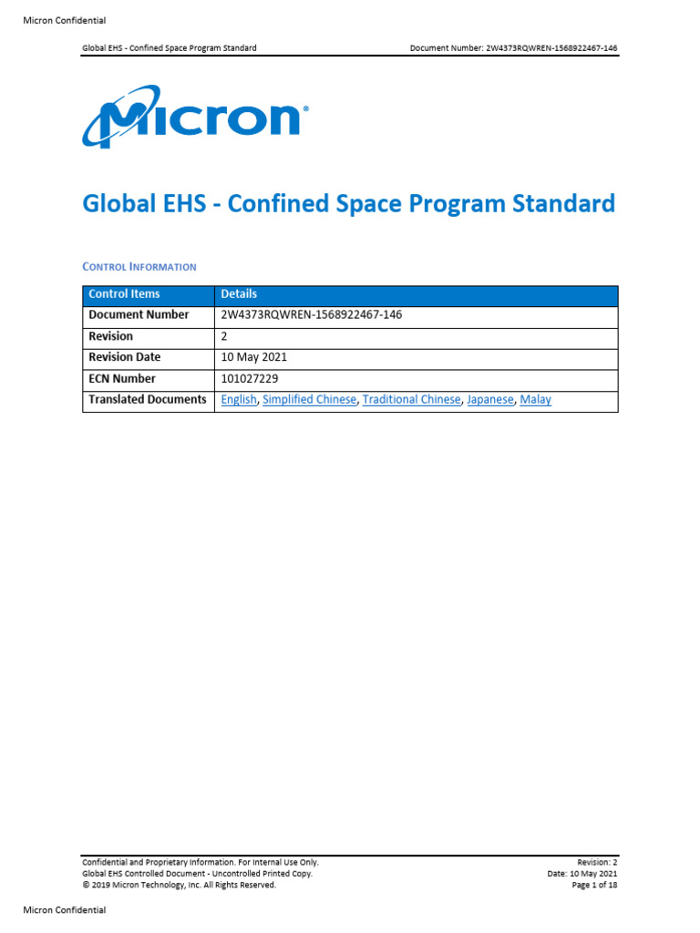 Global Ehs Confined Space Program Standard | PDF | Workplace | Working Conditions