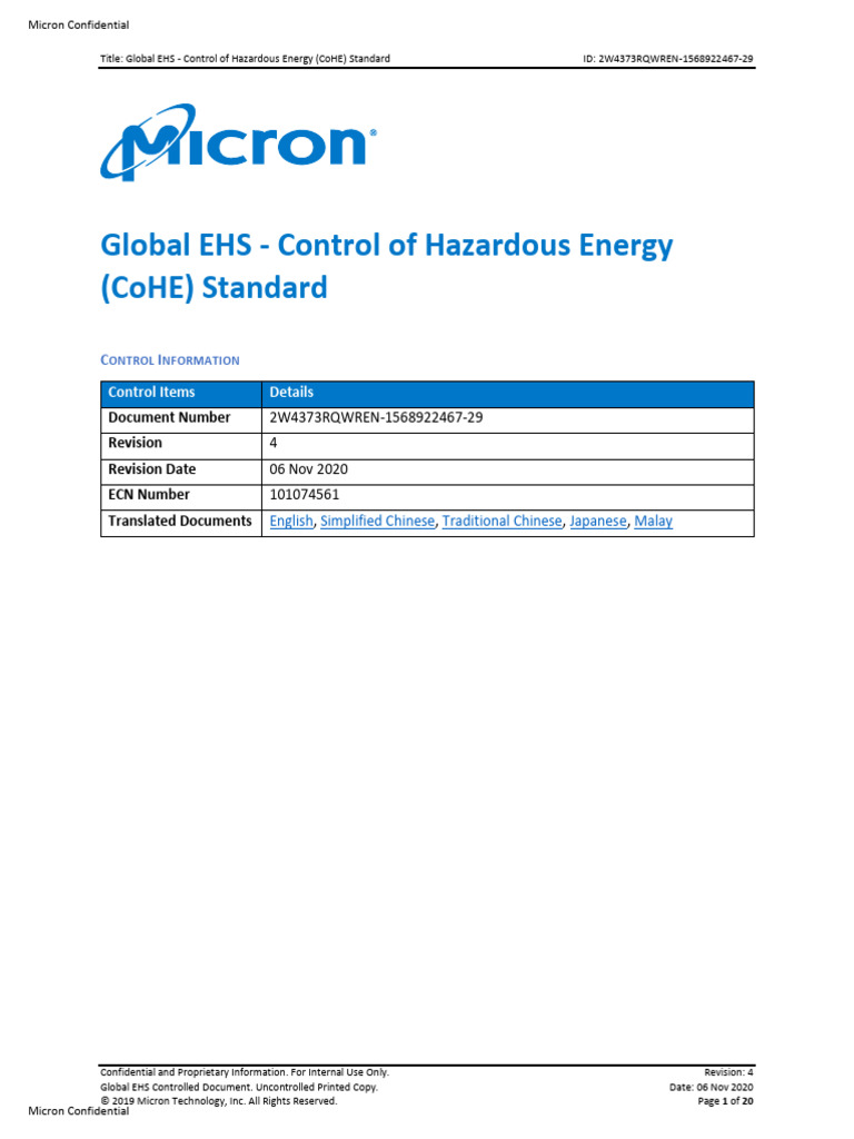 CoHE Standard for Hazardous Energy Control | PDF | Radiation