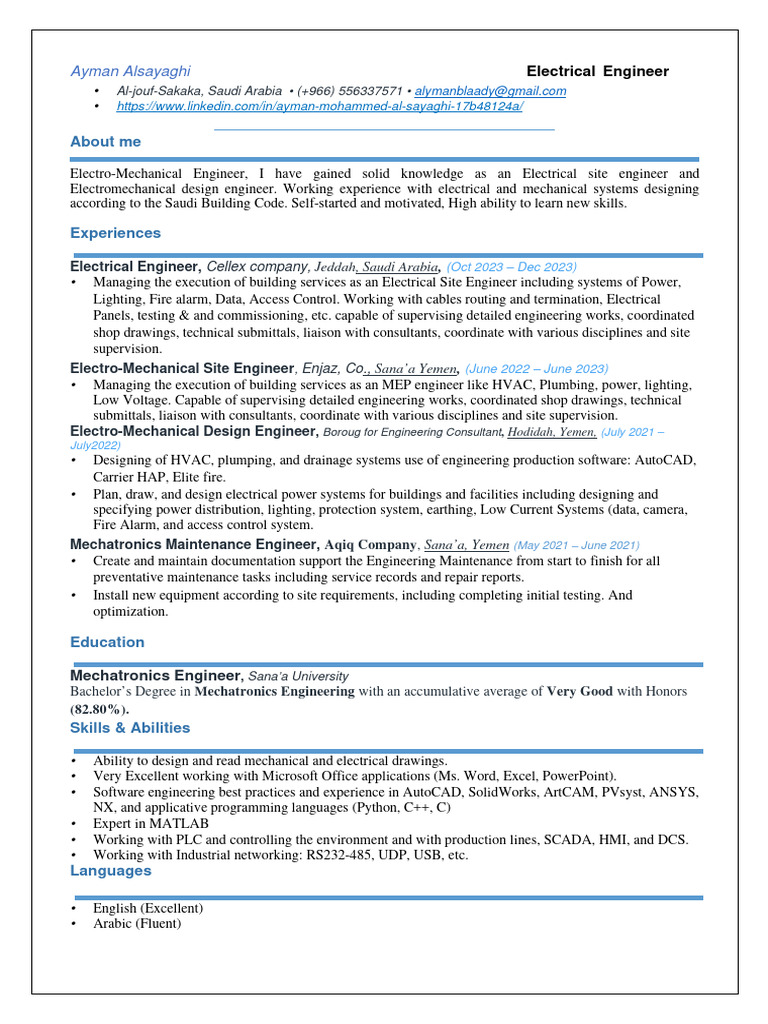 Ayman Alsayaghi: Electrical Engineer Profile | PDF | Engineer | Engineering
