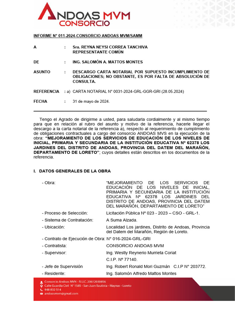 Informe #011-2024-Consorcio Andoas - Respuesta A Carta Notarial | PDF | Topografía | Regulación