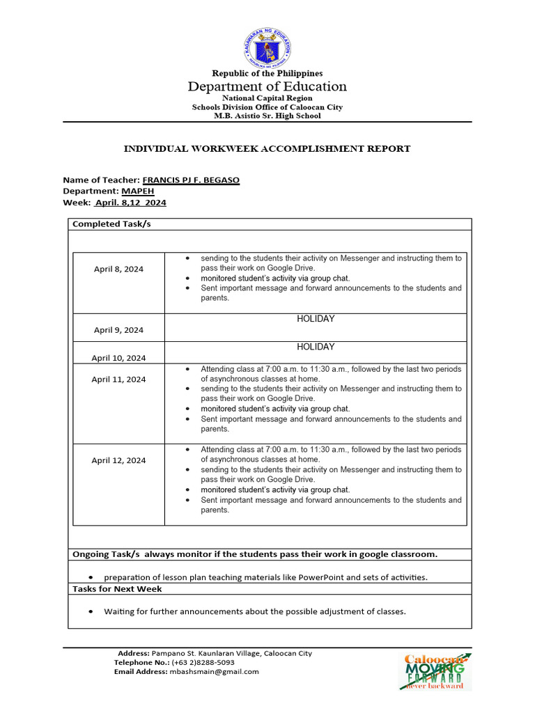 IWAR FROM April 8 To 26 | PDF | Lesson Plan | Teachers