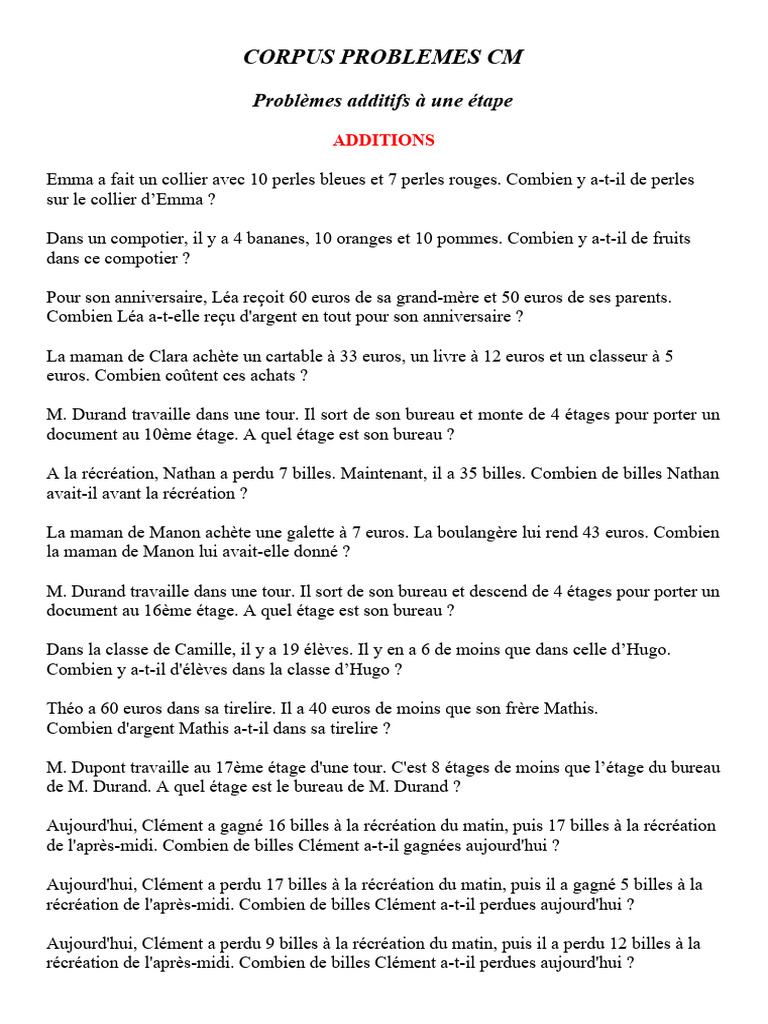 Problèmes d'additions et soustractions | PDF