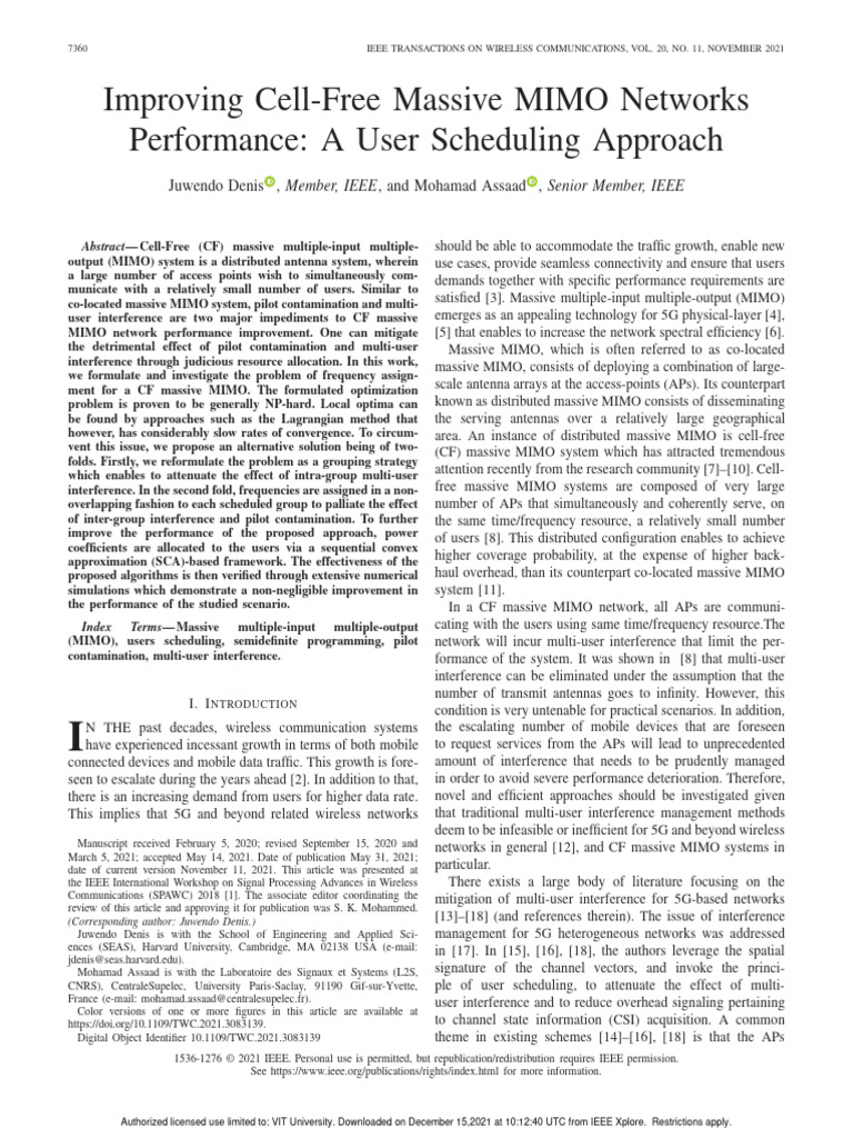 Improving Cell-Free Massive MIMO Networks Performance A User Scheduling Approach | PDF | Mimo ...