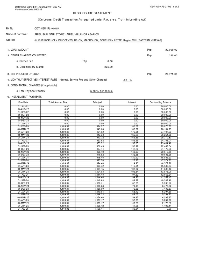Disclosure Statement and Amortization Schedule | PDF | Loans | Interest
