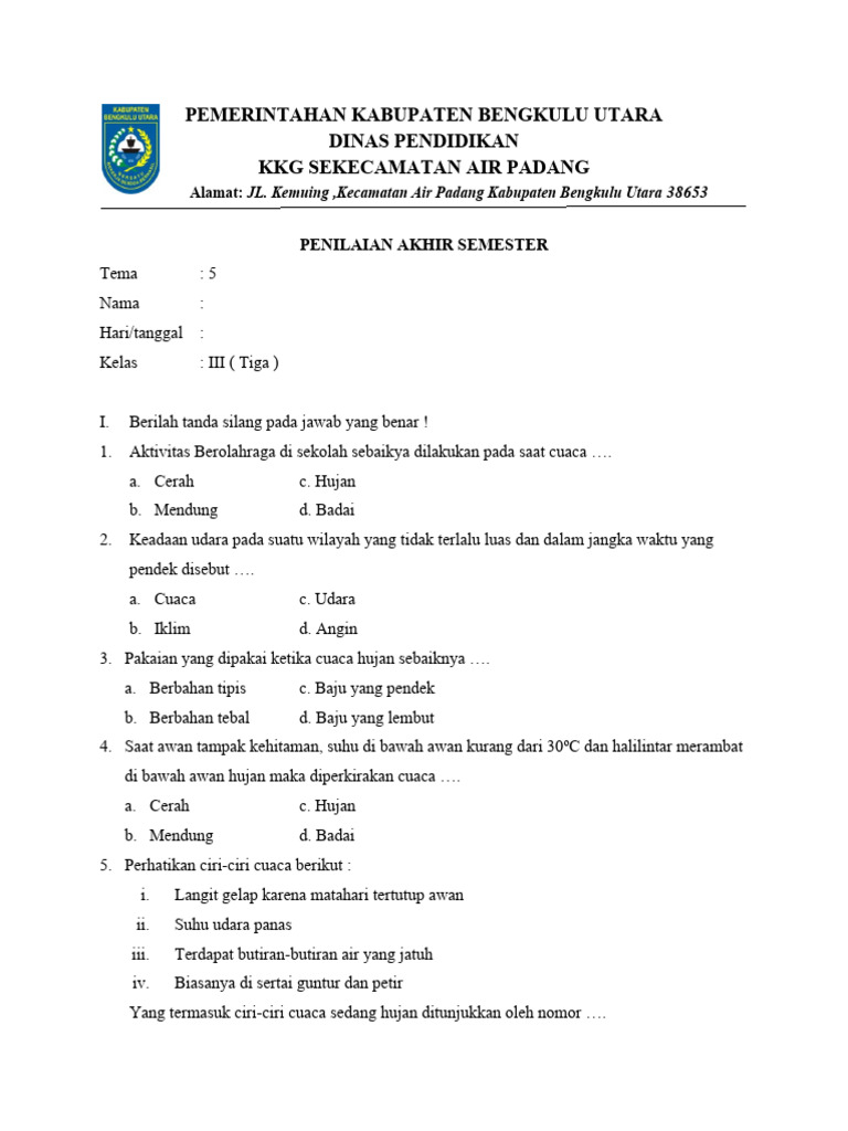 Soal Pas Kelas 3 Tema 5 | PDF