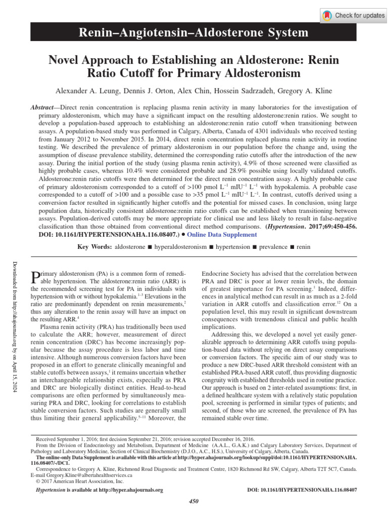 Leung Et Al 2017 Novel Approach To Establishing An Aldosterone Renin Ratio Cutoff For Primary ...