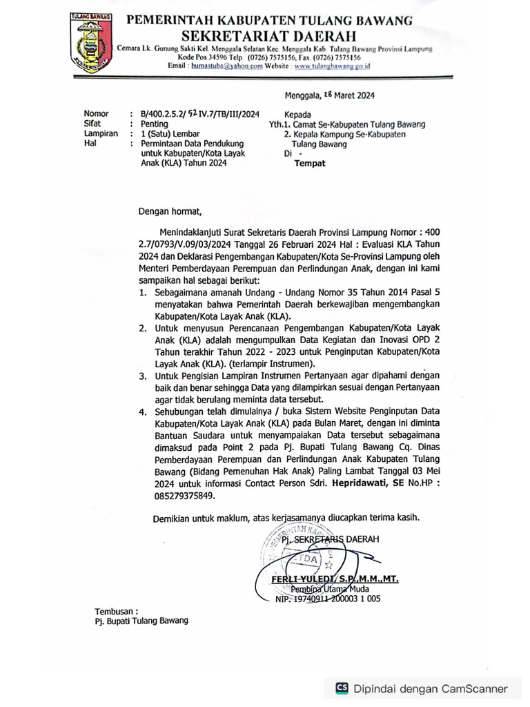 Surat Permintaan Data Pendukung KLA Tahun 2024 | PDF